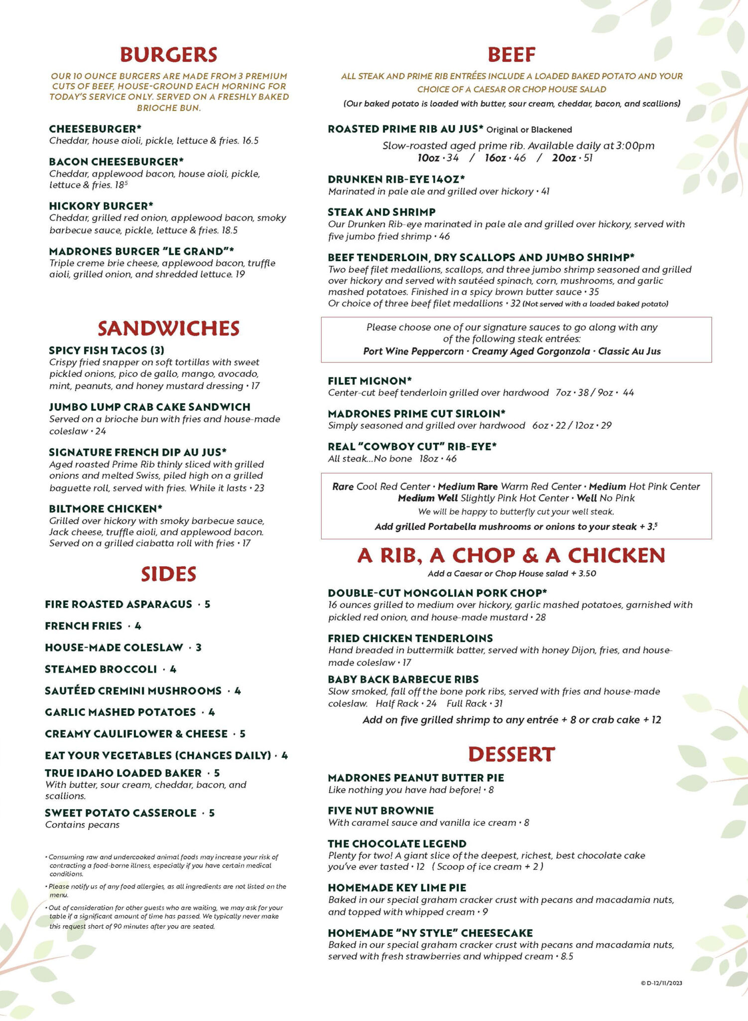 DINNER MENU | Madrones